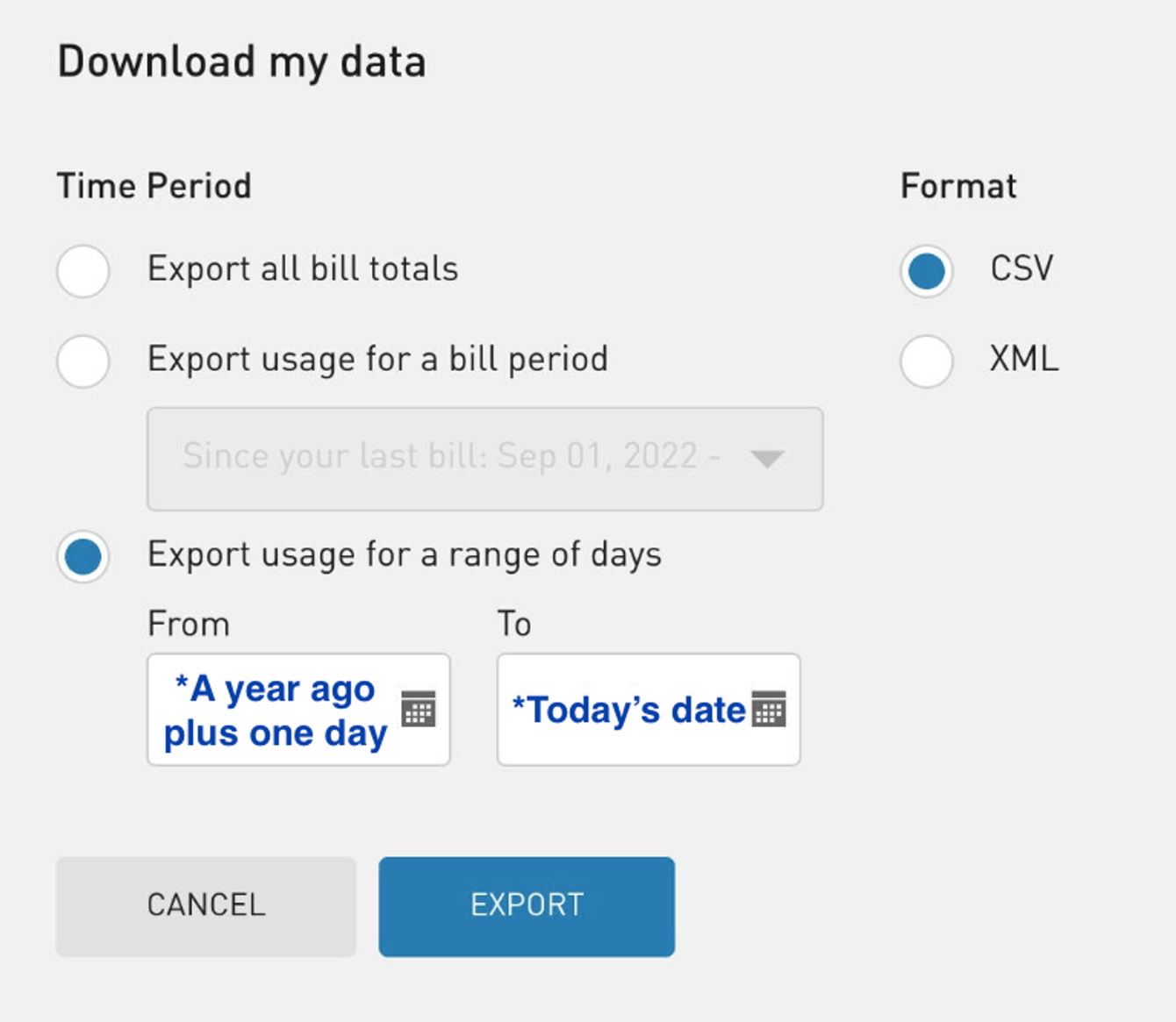 How do I download my gas and electric utility bill history from PG&E?